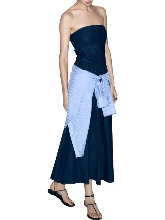 Mango Strapless Denim Midi Dress - Open Blue