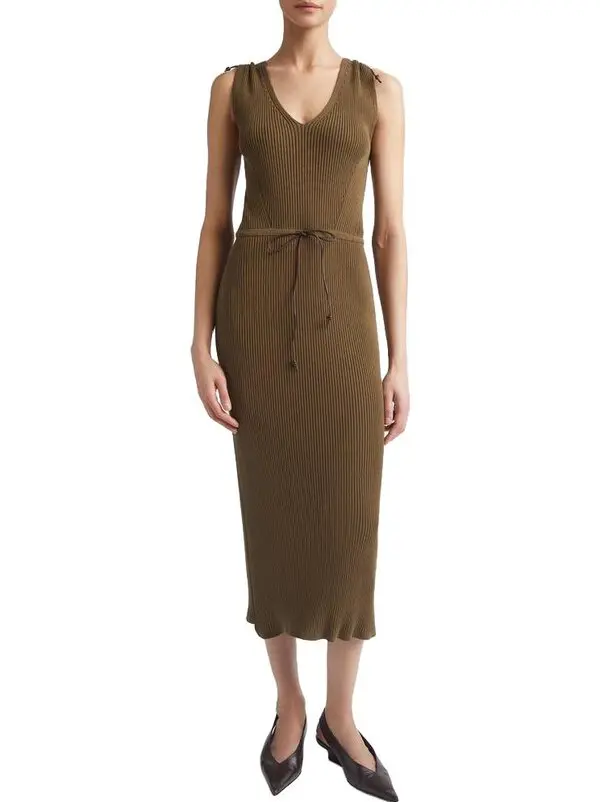 Max Mara Ribbed Cotton Blend Sweater Dress With Drawstring Detail - Mud
