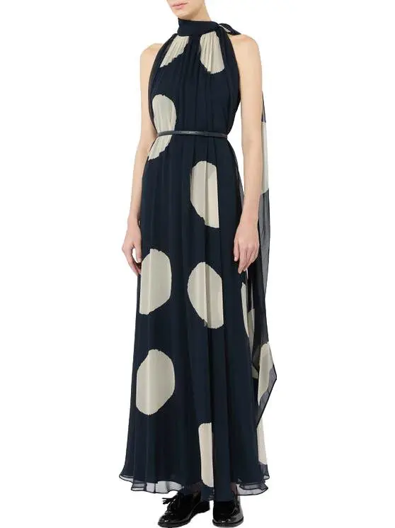 Max Mara Polka Dot Long Silk Georgette Dress With Halter Neck - Midnight Blue