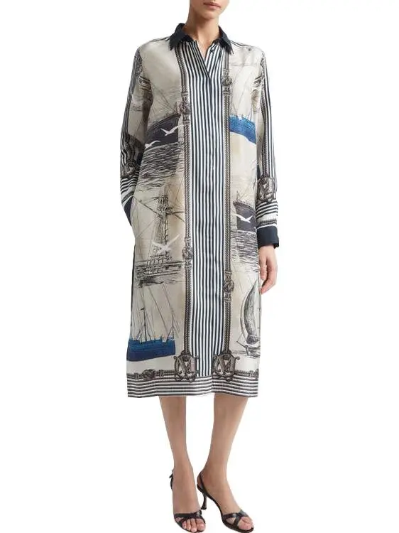 Max Mara Mariner Print Silk Midi Shirtdress - Stone