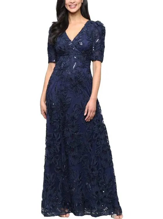 Alex Evenings Empire Waist Sequin Soutache Gown - Navy