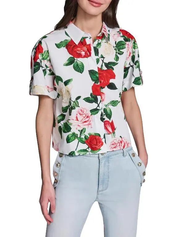 Karl Lagerfeld Paris Rose Print Cotton Shirt - Soft White Multi