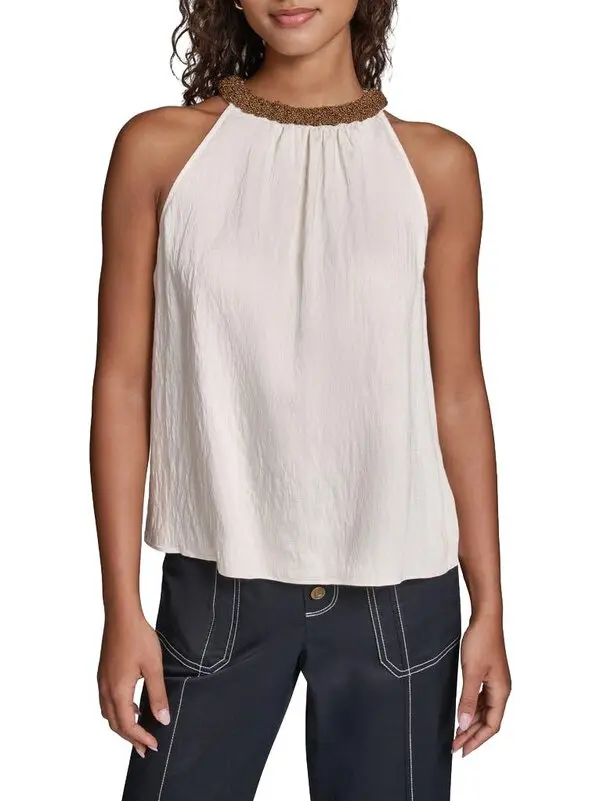 Karl Lagerfeld Paris Embellished Neck Sleeveless Top - Bisque