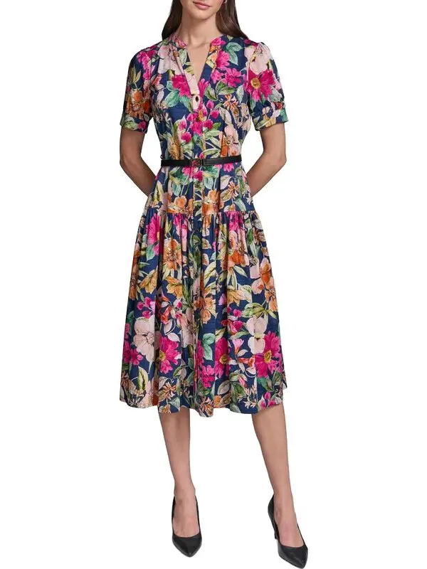 Karl Lagerfeld Paris Floral Print Belted Tiered Midi Dress - Currant/light Blush Multi