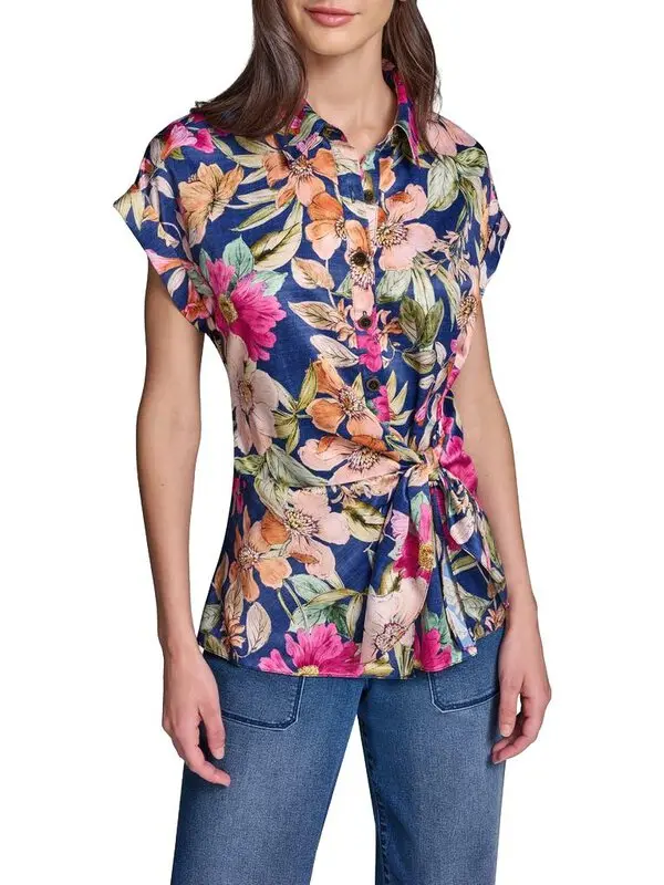 Karl Lagerfeld Paris Short Sleeve Button-up Shirt With Side Tie Detail - Currant/light Blush Multi