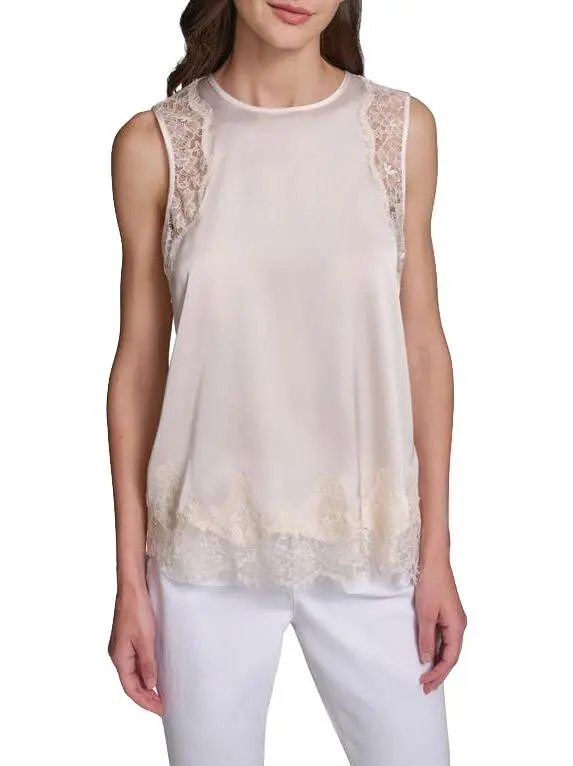 Karl Lagerfeld Paris Eyelash Lace Trim Satin Tank - Bisque