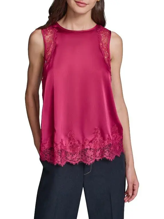 Karl Lagerfeld Paris Eyelash Lace Trim Satin Tank - Currant