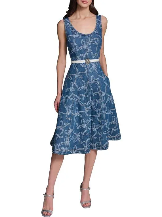 Karl Lagerfeld Paris Sleeveless Belted Denim Dress - Medium Indigo