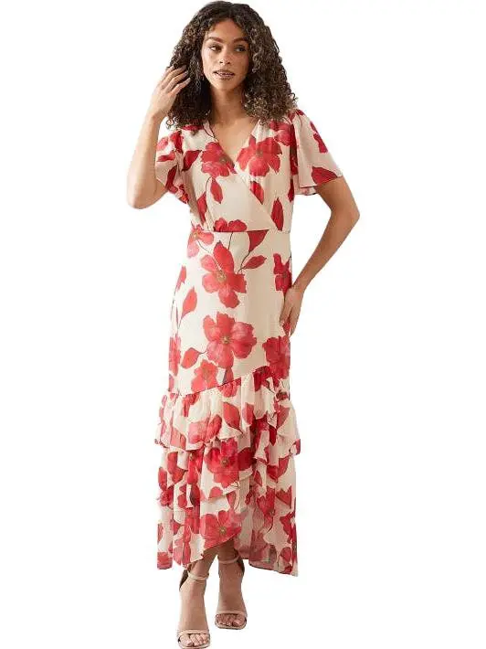 WALLIS Floral Frill Hem Chiffon Maxi Dress - Red