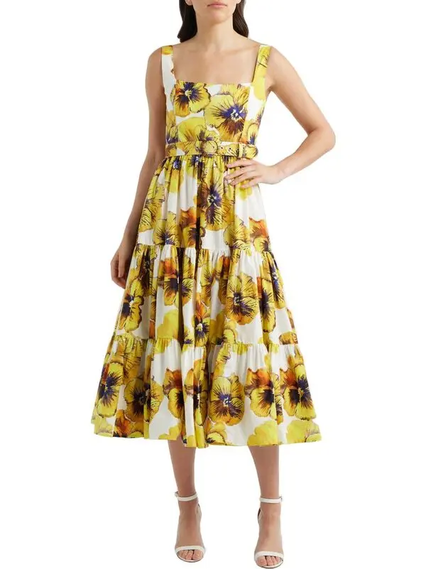 NADINE MERABI Helena Floral Cotton Cocktail Midi Dress - Yellow