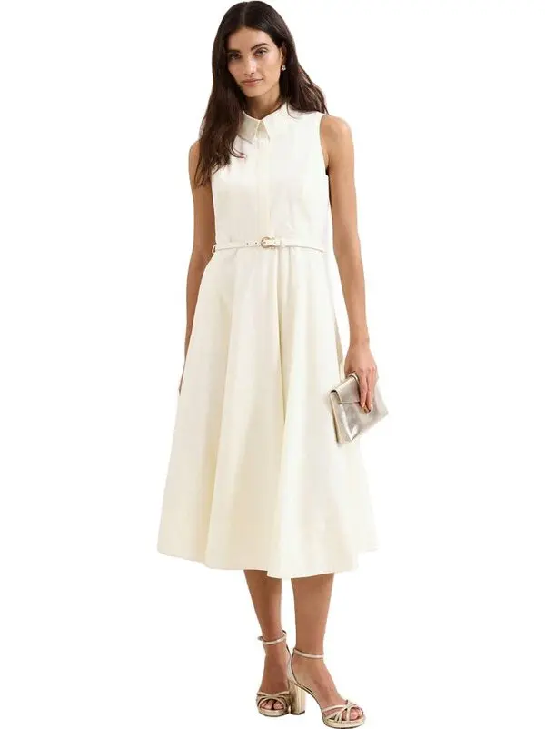 PHASE EIGHT Ariane Sleeveless Collared Belted Midi Shirt Dress - Ivory