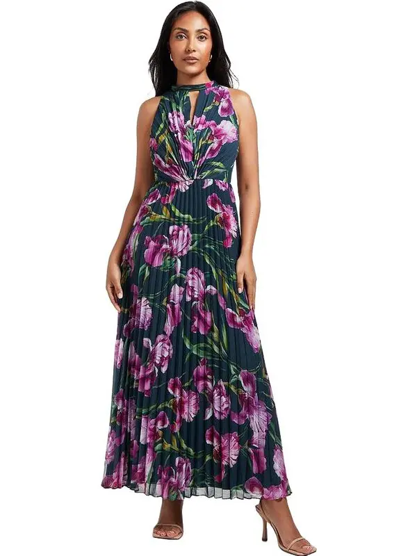 WALLIS Floral Print Pleated Maxi Dress - Green