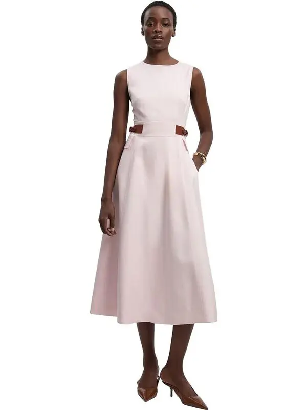 Karen Millen Fitted Belt Crew Neck Midi Dress - Blush