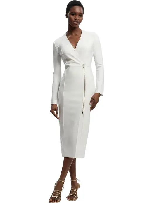 Karen Millen Bandage Asymmetric Zip Detail Midi Dress - Ivory