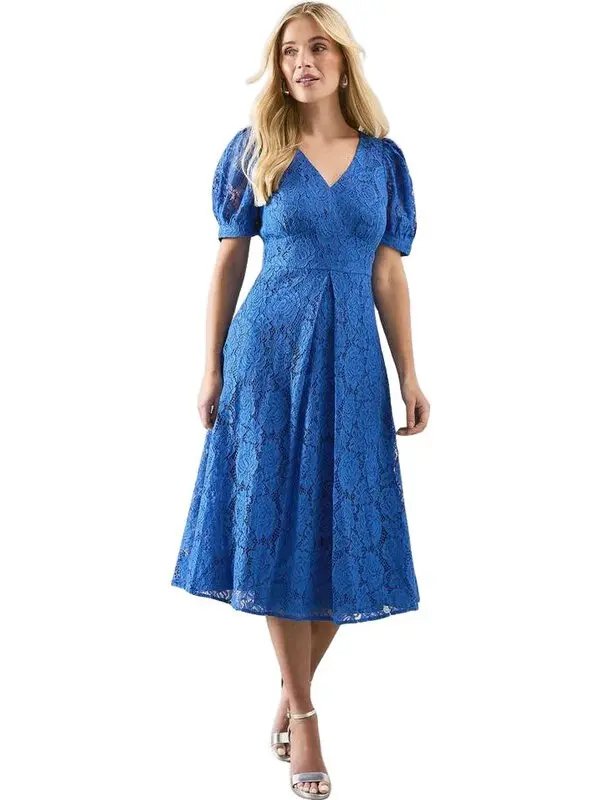 WALLIS Petite Lace V-neck Tea Length Dress - Blue