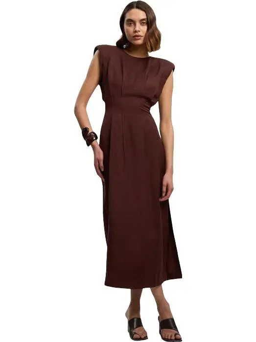 Karen Millen Linen Blend Pintuck Midi Dress - Chocolate