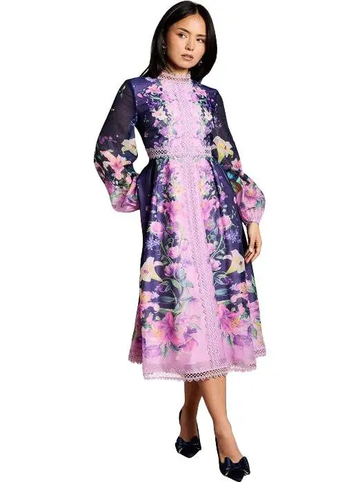 Coast Petite Organza Floral Lace Trim Midi Dress - Navy