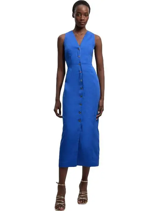 Karen Millen Tailored Linen Corset Back Midi Dress - Cobalt
