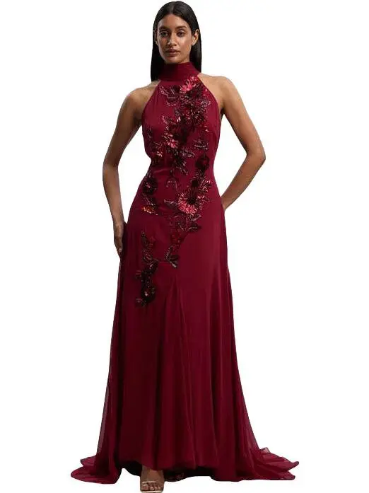 Karen Millen Petite Embellished Halterneck Maxi Dress - Wine