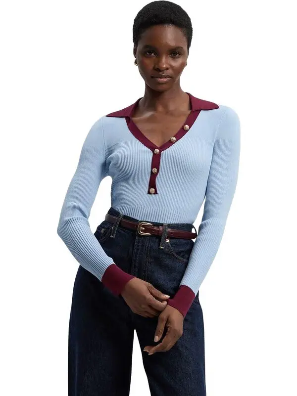 Karen Millen Ribbed Knit Collared Top With Contrast Trim - Light Blue