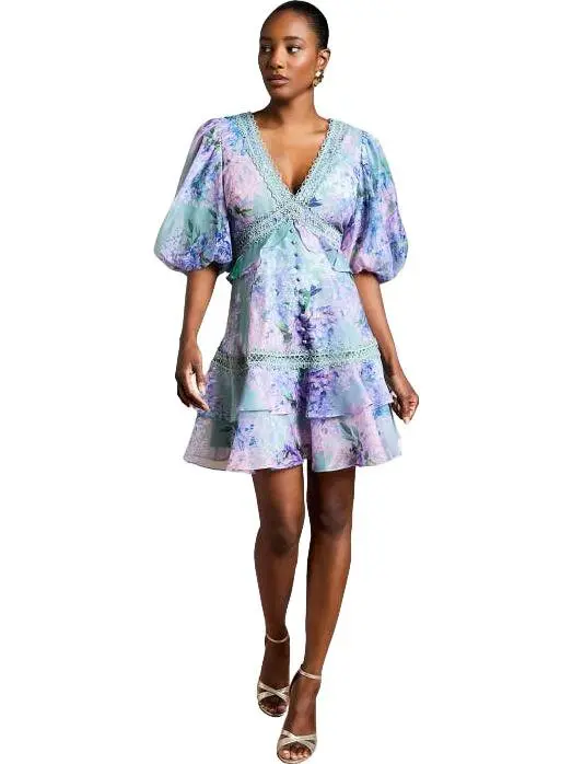 Coast Lace Trim Puff Sleeve Organza Mini Dress - Sage