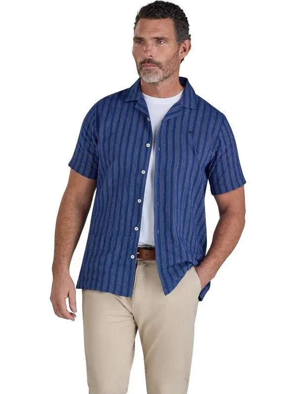 RAGING BULL Athen Stripe Linen Blend Shirt - Navy