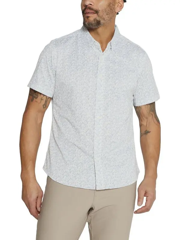7 Diamonds The Wes Abstract Leaf Print Short Sleeve Stretch Button-up Shirt - Blue