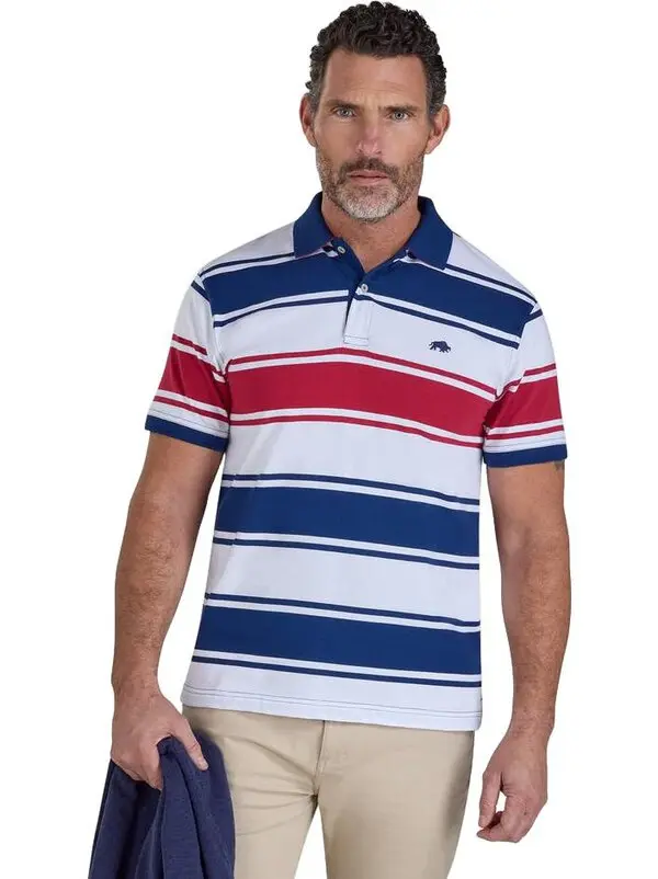 RAGING BULL Wide Stripe Jersey Polo Shirt - Navy