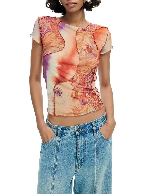 Desigual Marbled Print Mesh Crop Top - Orange Multi