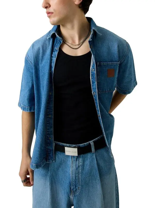 Guess Oversize Crop Stretch Cotton Denim Shirt - Gclm-open
