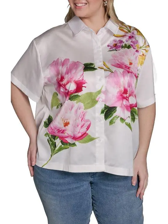 Karl Lagerfeld Paris Floral Placement Print Button-up Shirt - Soft White Multi