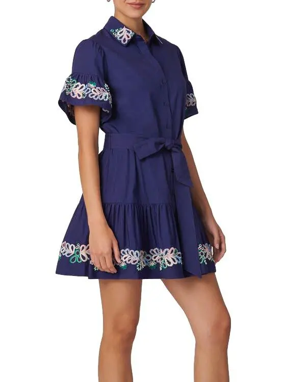 Shoshanna Beaded Cotton Poplin Mini Dress - Navy