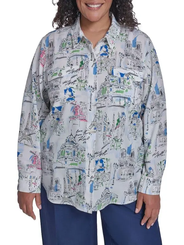 Karl Lagerfeld Paris Oversized Printed Button-up Shirt - Soft White Multi