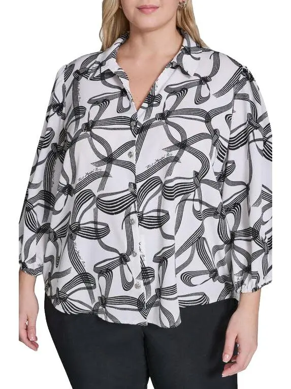 Karl Lagerfeld Paris Bow Print Crepe Button-up Shirt - Soft White/black Multi