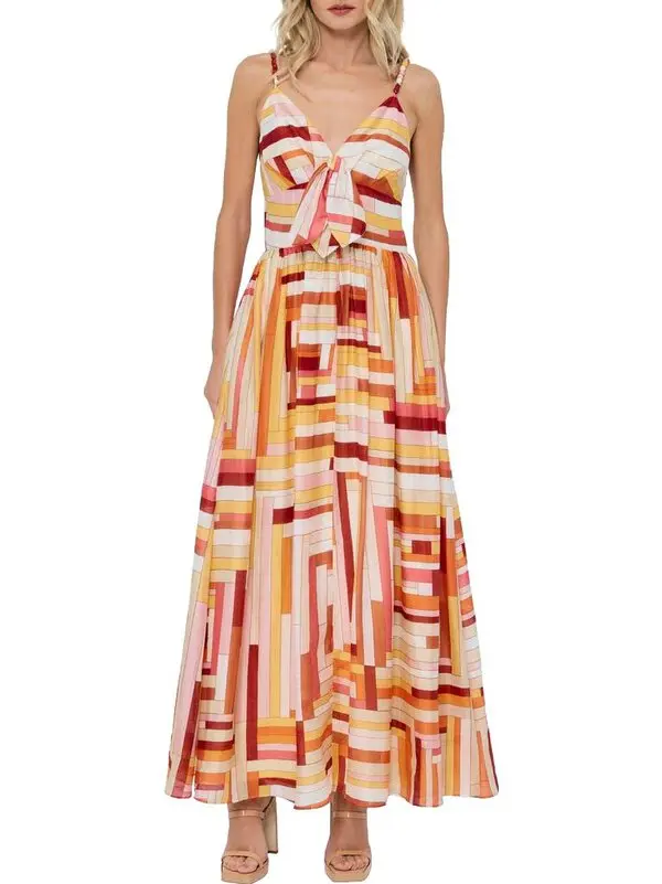 CIEBON Sleeveless Geometric Print A-line Maxi Dress - Pink Multi