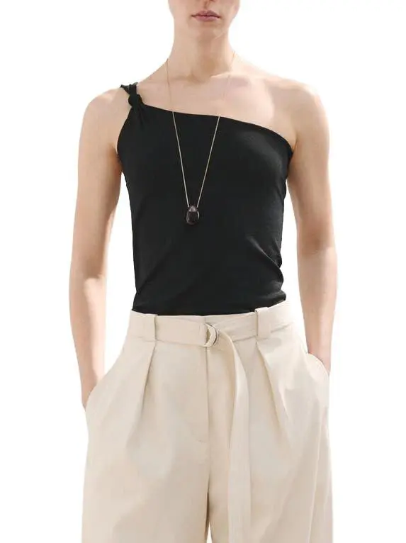 Mango Asymmetrical Knot Detail One-shoulder Tank - Black