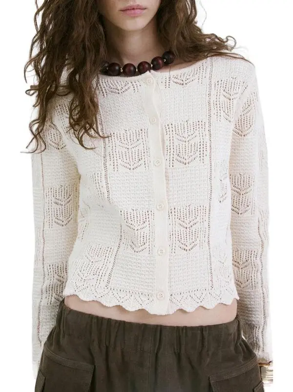 Mango Pointelle Knit Cropped Cardigan - Ecru