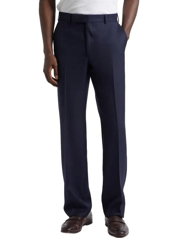 Thom Sweeney Flat Front Wide Leg Virgin Wool Trousers - Navy