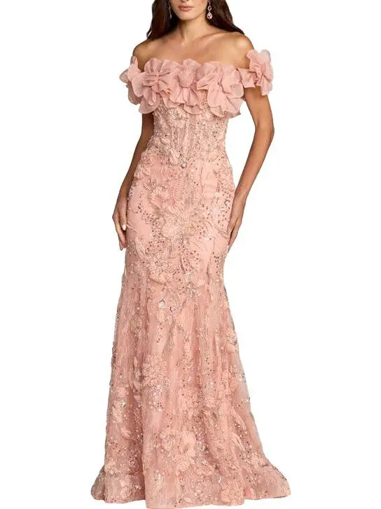Mac Duggal 3d Floral Embellished Off-the-shoulder Mermaid Gown - Blush