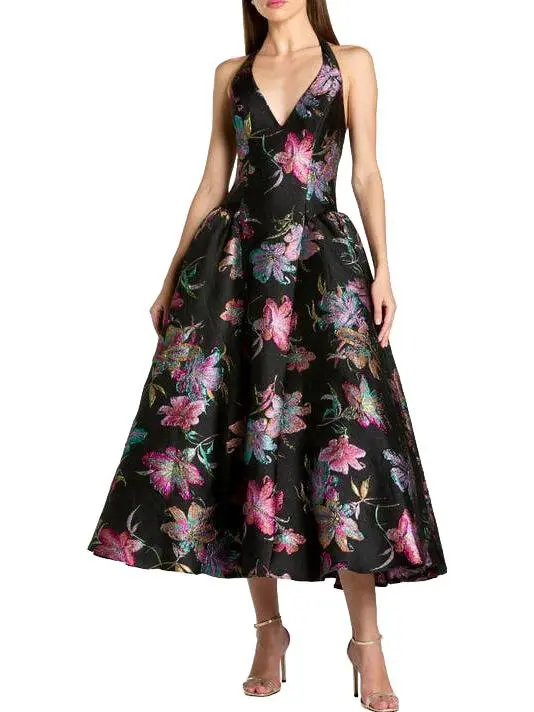 Mac Duggal Floral Metallic Brocade Halter Neck Midi Dress - Black Multi