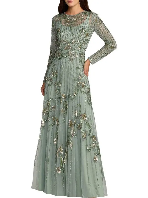 Mac Duggal Embellished Long Sleeve A-line Gown - Sage