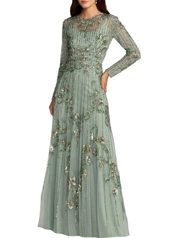 Mac Duggal Embellished Long Sleeve A-line Gown - Sage