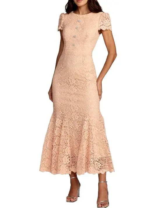 Mac Duggal Embroidered Lace Midi Dress With Cap Sleeves - Peach
