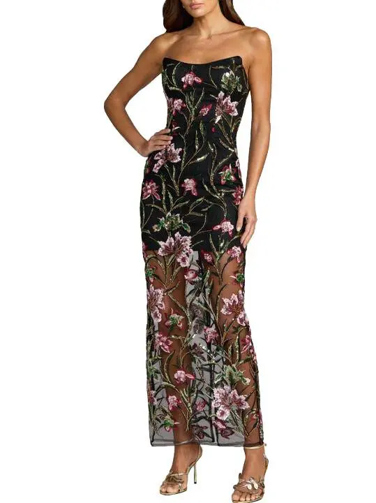 Mac Duggal Strapless Floral Embroidered Column Gown - Black Multi