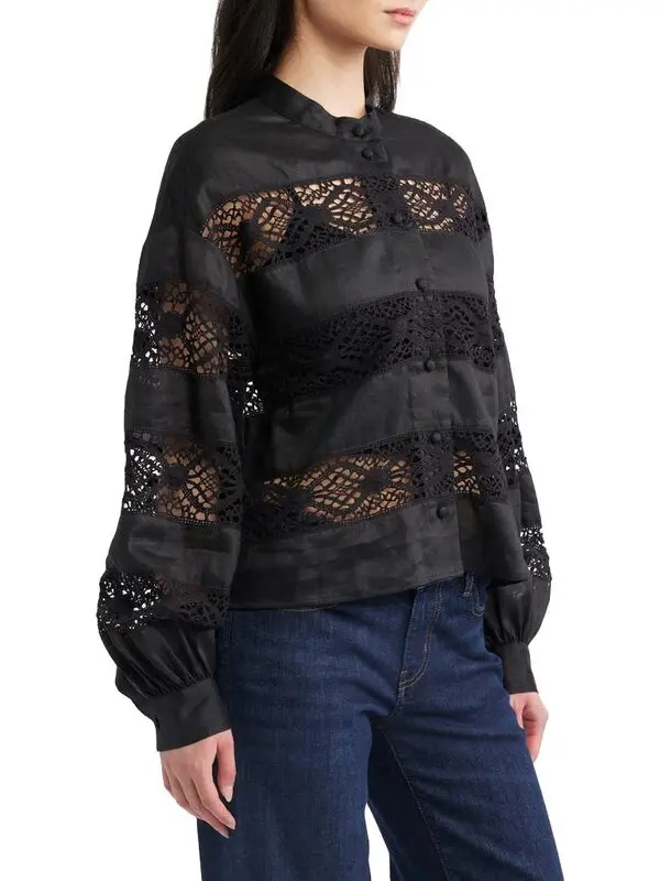 FRAME Eyelet Lace Inset Blouson Sleeve Shirt - Black