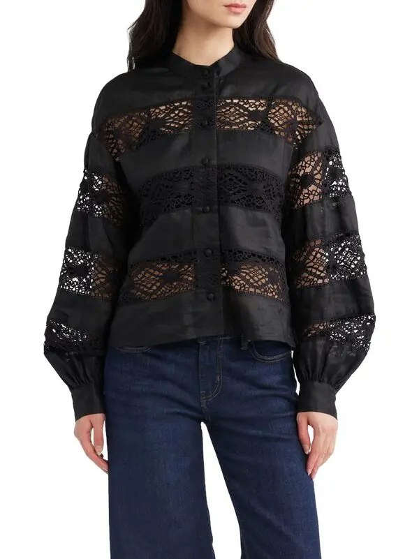 FRAME Eyelet Lace Inset Blouson Sleeve Shirt - Black
