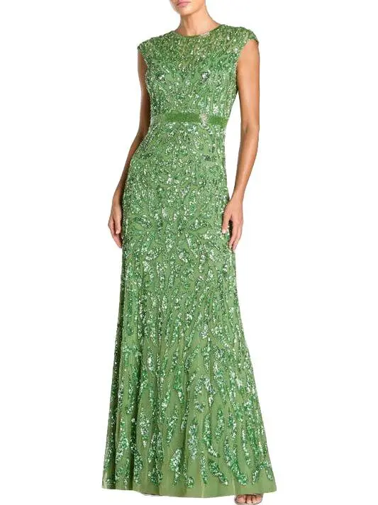 Mac Duggal Embellished Illusion Cap Sleeve Column Gown - Sage