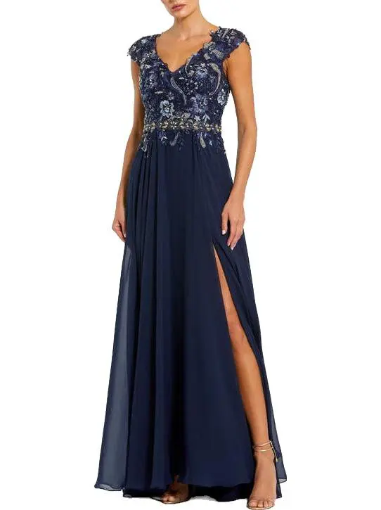 Mac Duggal Embellished Cap Sleeve Chiffon Gown - Midnight
