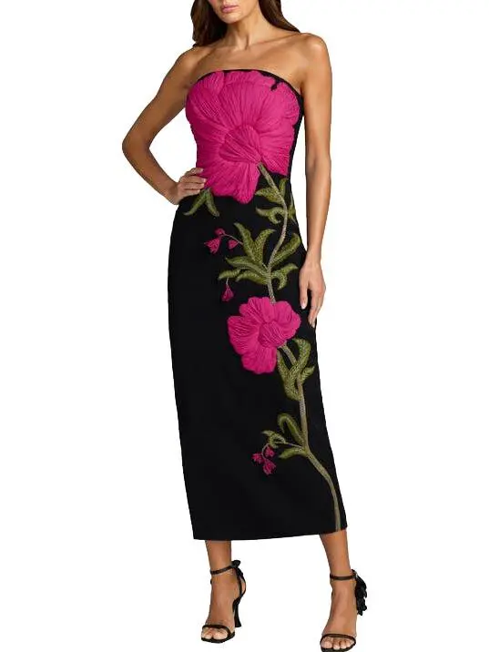 Mac Duggal Strapless Floral Embroidered Midi Dress - Black Multi