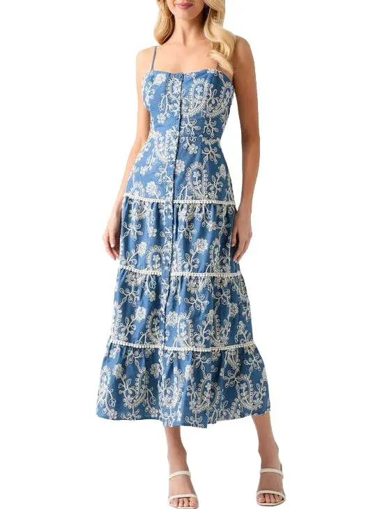 Guess Evelyn Eyelet Embroidery Midi Dress - Blue Multi